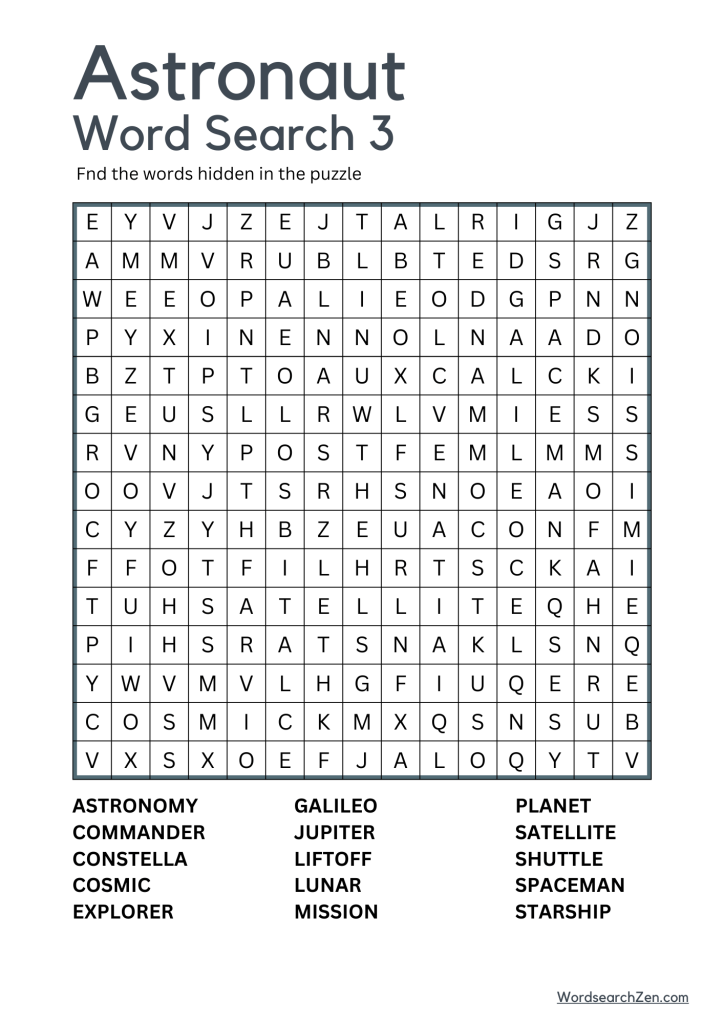 Astronaut Word Search Free Printable PDF File - WordsearchZen.com