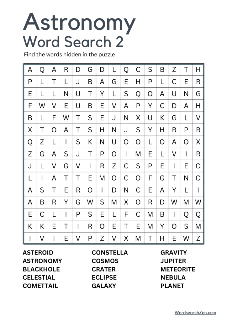 Astronomy Word Search Free Printable PDF File - WordsearchZen.com