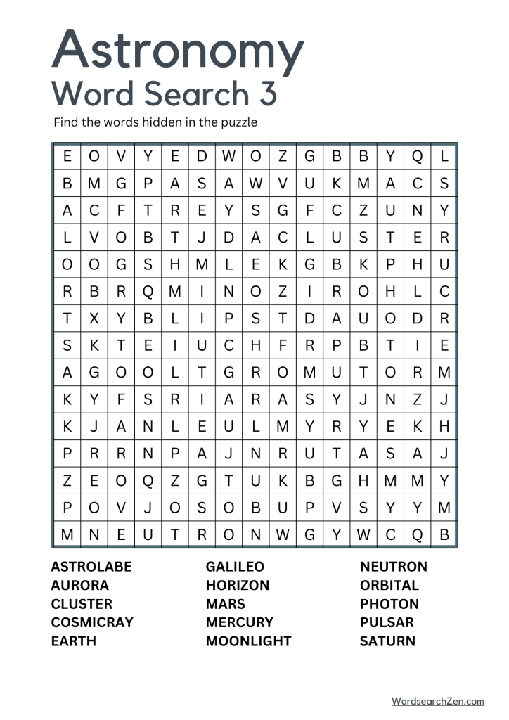 Astronomy Word Search Free Printable PDF File - WordsearchZen.com