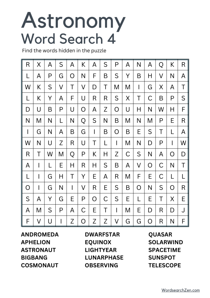 Astronomy Word Search Free Printable PDF File - WordsearchZen.com