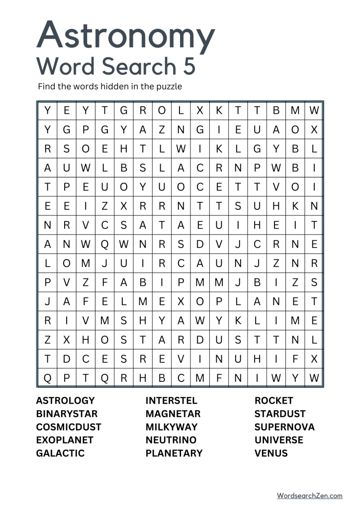 Astronomy Word Search Free Printable PDF File - WordsearchZen.com