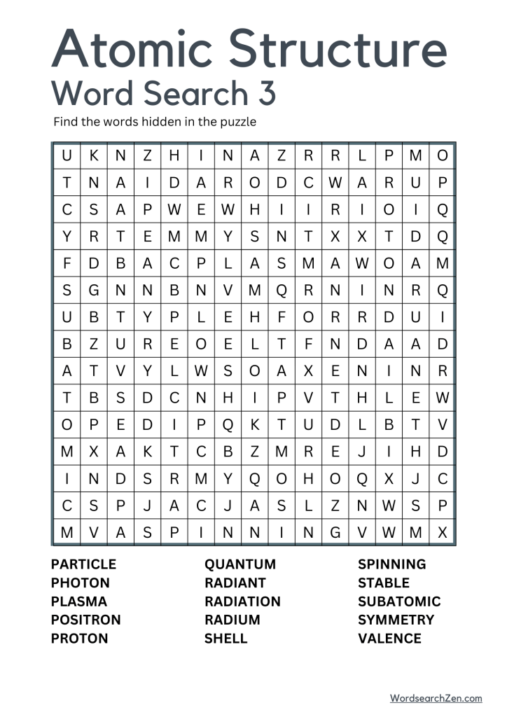 Atomic Structure Word Search Free Printable PDF File - WordsearchZen.com