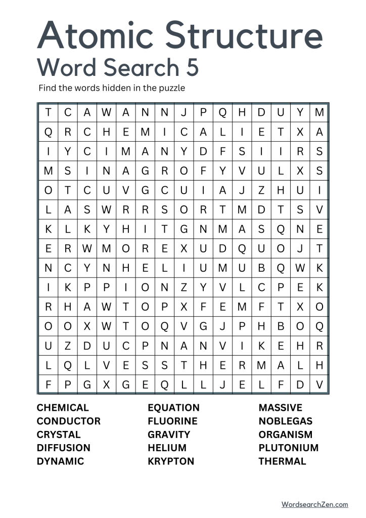 Atomic Structure Word Search Free Printable PDF File - WordsearchZen.com