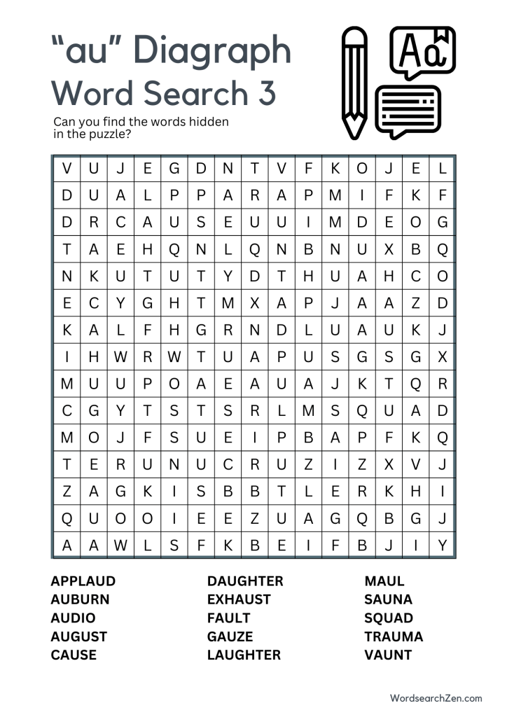 au Diagraph Word Search Free Printable PDF File - WordsearchZen.com