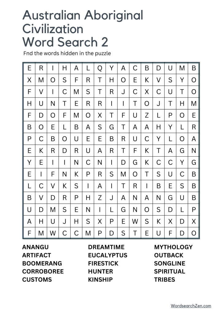 Australian Aboriginal Civilization Word Search Free Printable PDF File ...