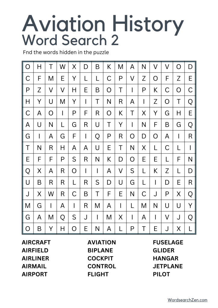 Aviation History Word Search Free Printable PDF File - WordsearchZen.com