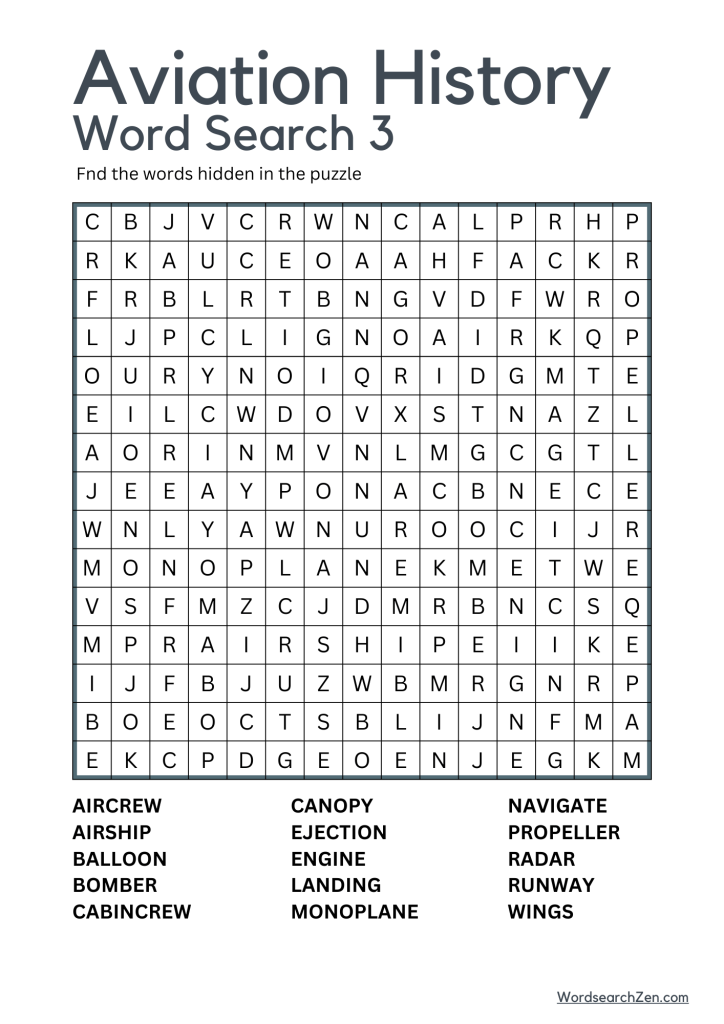 Aviation History Word Search Free Printable PDF File - WordsearchZen.com