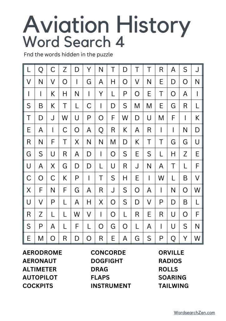 Aviation History Word Search Free Printable PDF File - WordsearchZen.com