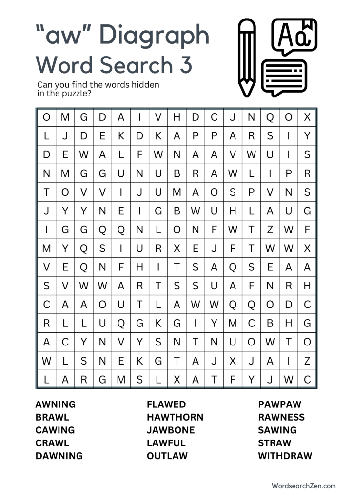 aw Diagraph Word Search Free Printable PDF File - WordsearchZen.com