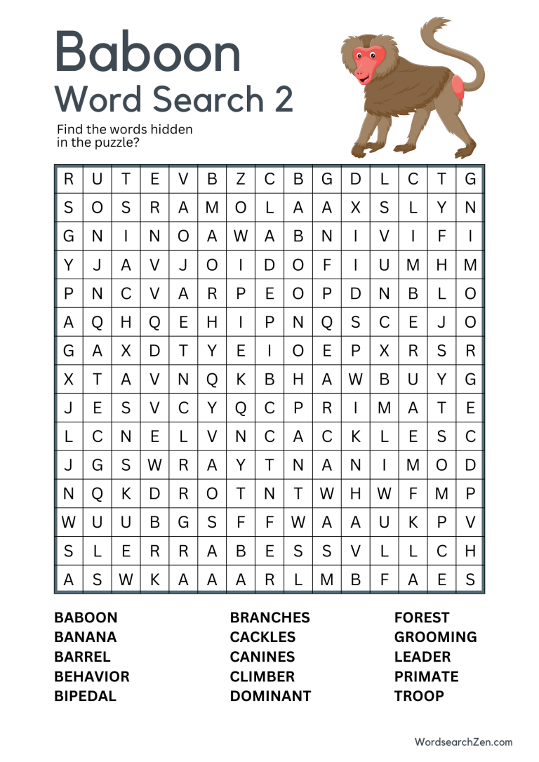 Baboon Word Search Free Printable PDF File - WordsearchZen.com