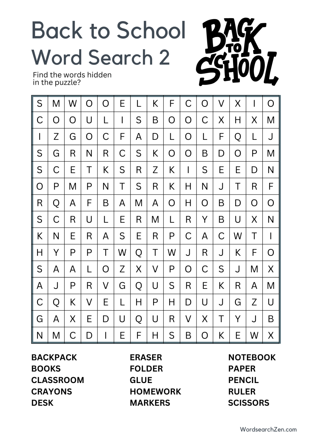 Back to School Word Search Free Printable PDF File - WordsearchZen.com