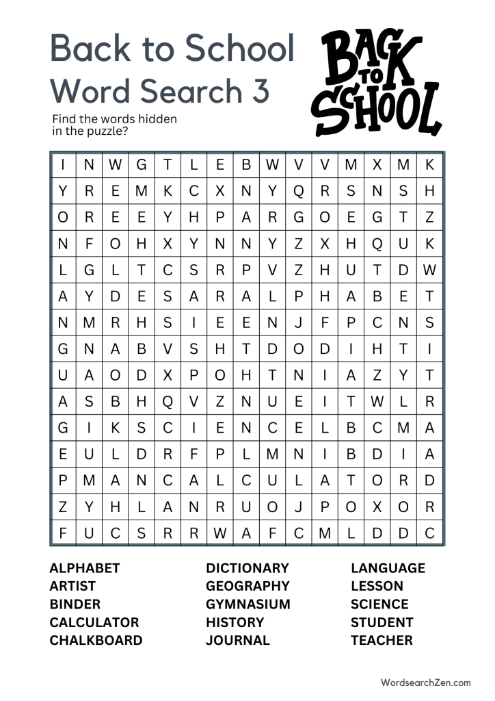 Back to School Word Search Free Printable PDF File - WordsearchZen.com