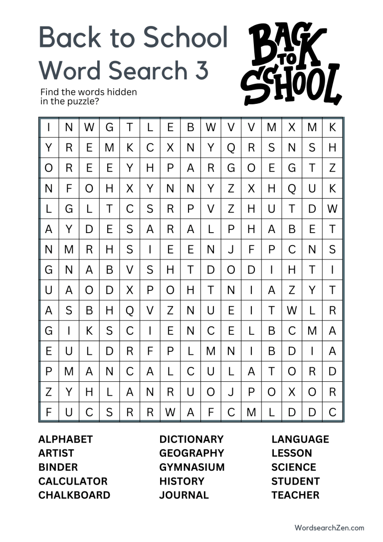 Back to School Word Search Free Printable PDF File - WordsearchZen.com
