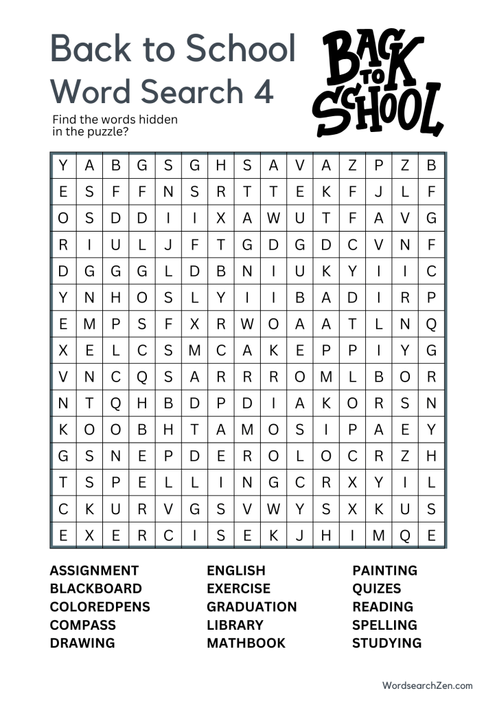 Back to School Word Search Free Printable PDF File - WordsearchZen.com