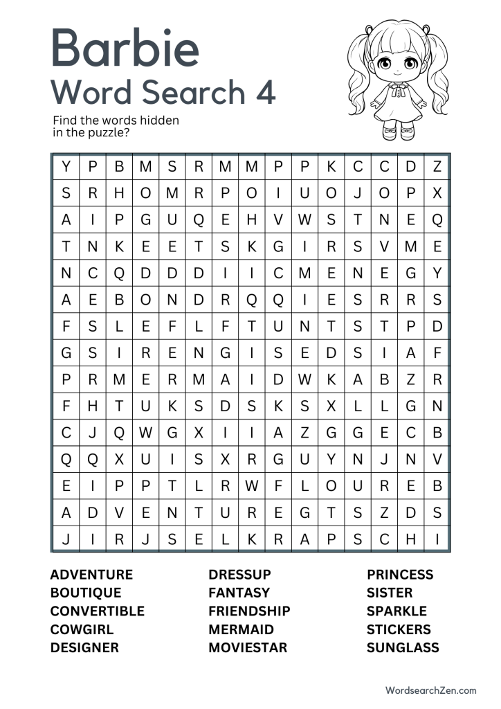 Barbie Word Search Free Printable PDF File - WordsearchZen.com