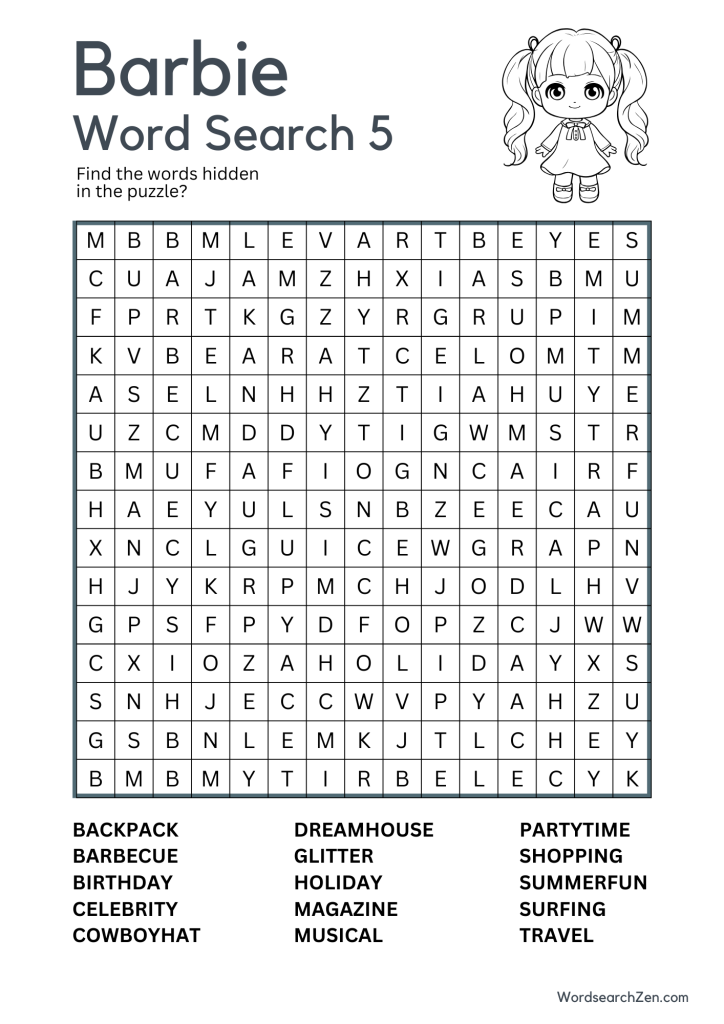 Barbie Word Search Free Printable PDF File - WordsearchZen.com