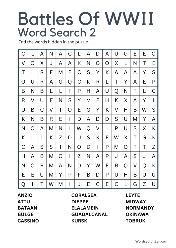 Battles Of WWII Word Search Free Printable PDF File - WordsearchZen.com
