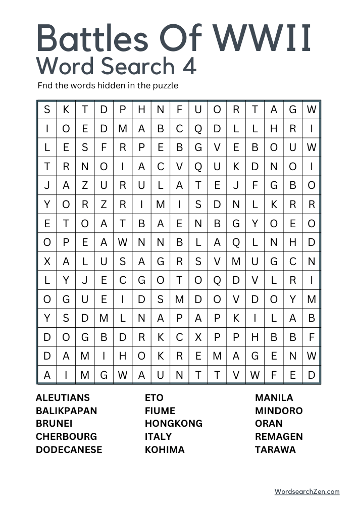 Battles Of WWII Word Search Free Printable PDF File - WordsearchZen.com
