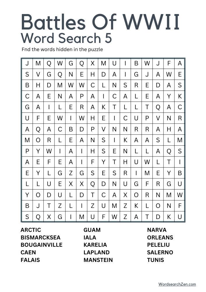 Battles Of WWII Word Search Free Printable PDF File - WordsearchZen.com