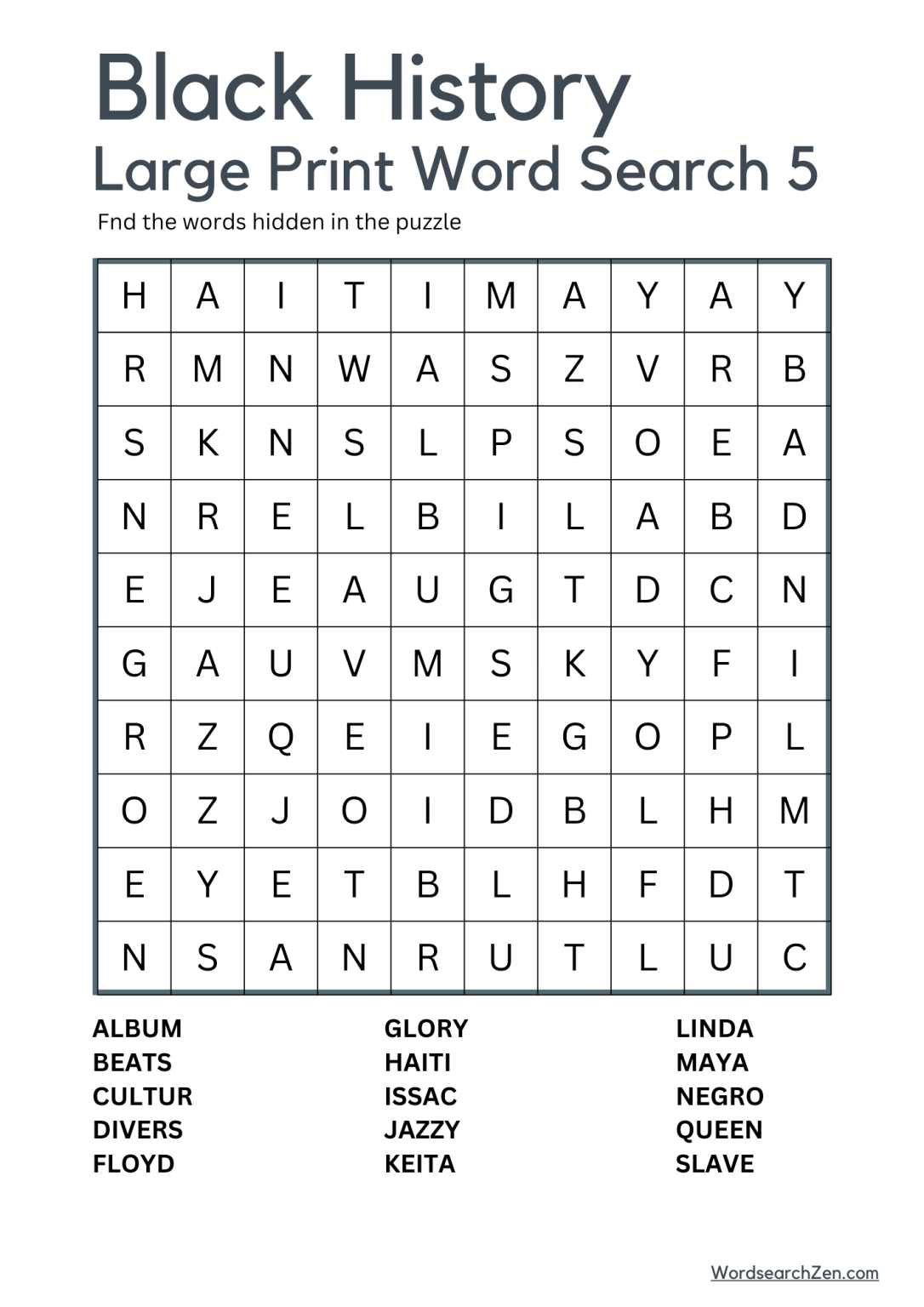 Black History Large Print Word Search Free Printable PDF File ...