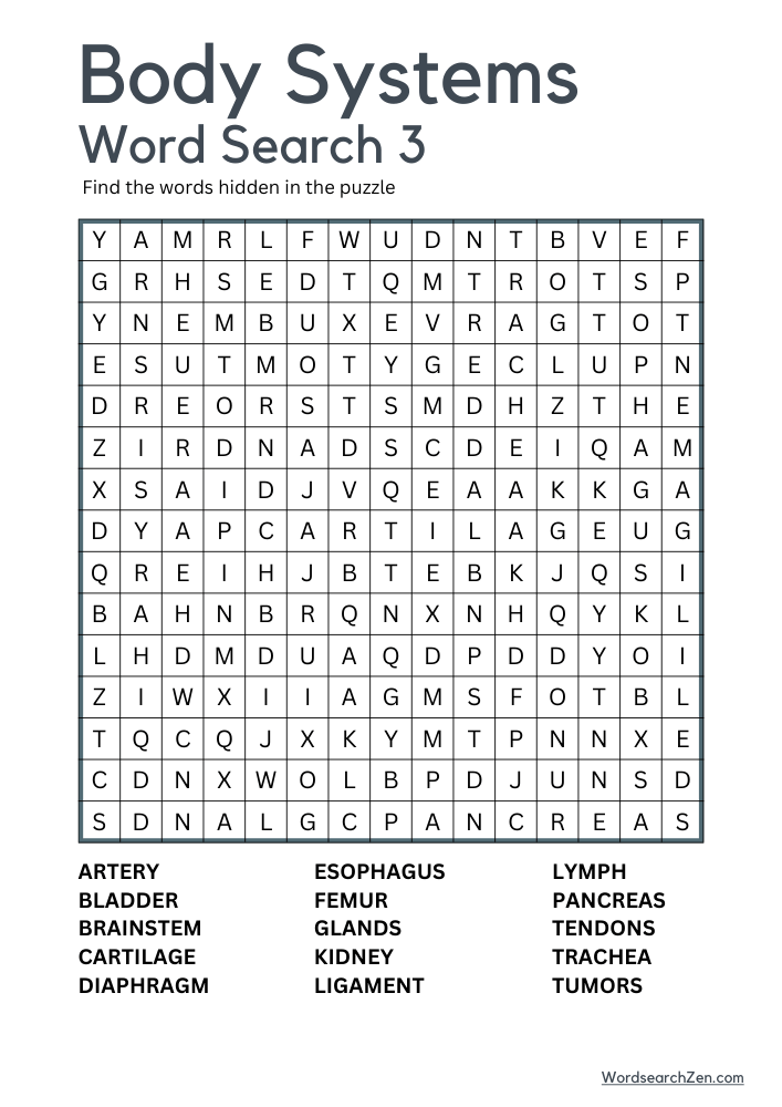 Body Systems Word Search Free Printable PDF File - WordsearchZen.com