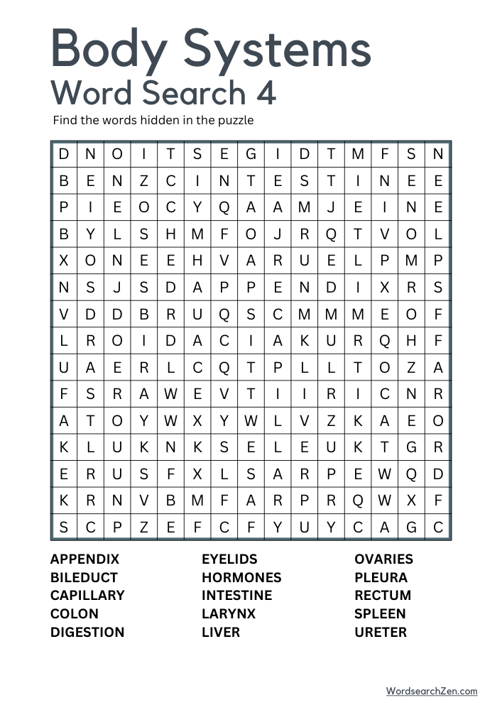 Body Systems Word Search Free Printable PDF File - WordsearchZen.com
