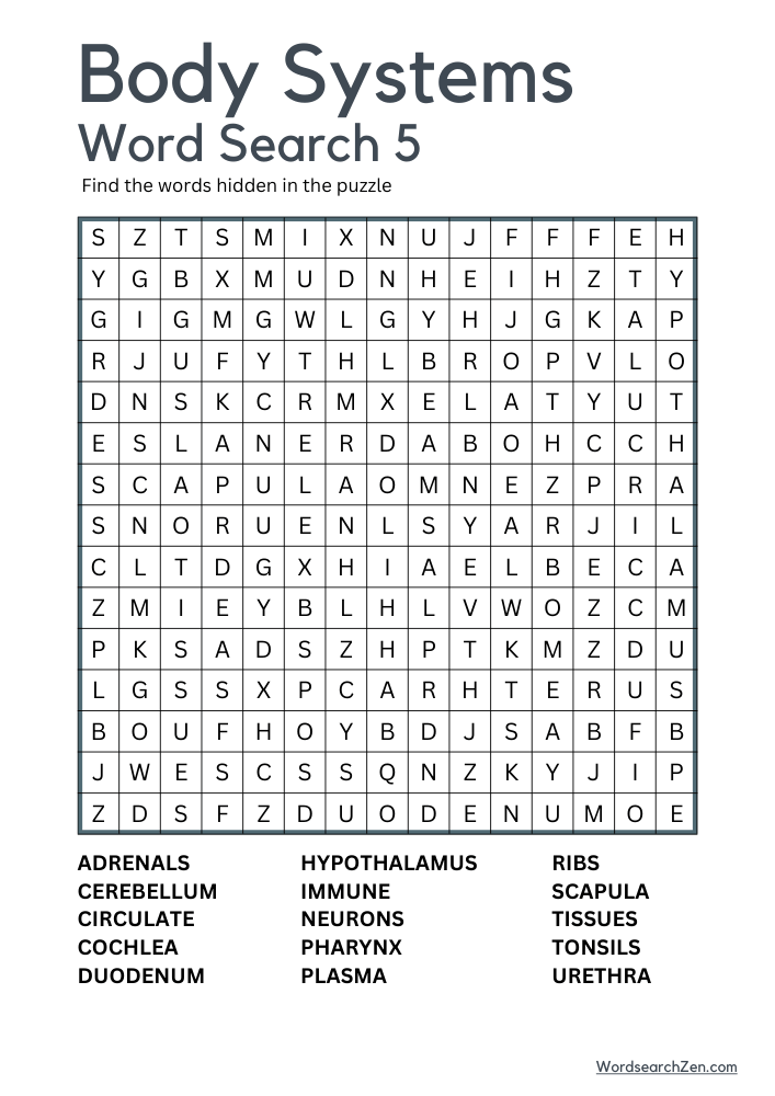 Body Systems Word Search Free Printable PDF File - WordsearchZen.com