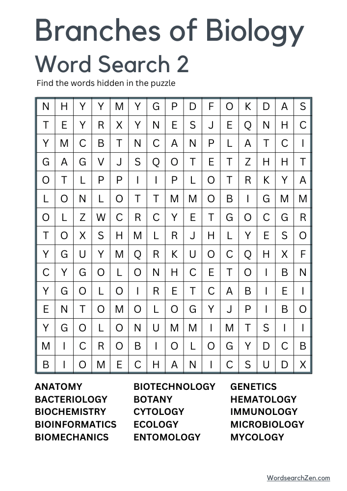 Branches of Biology Word Search Free Printable PDF File - WordsearchZen.com