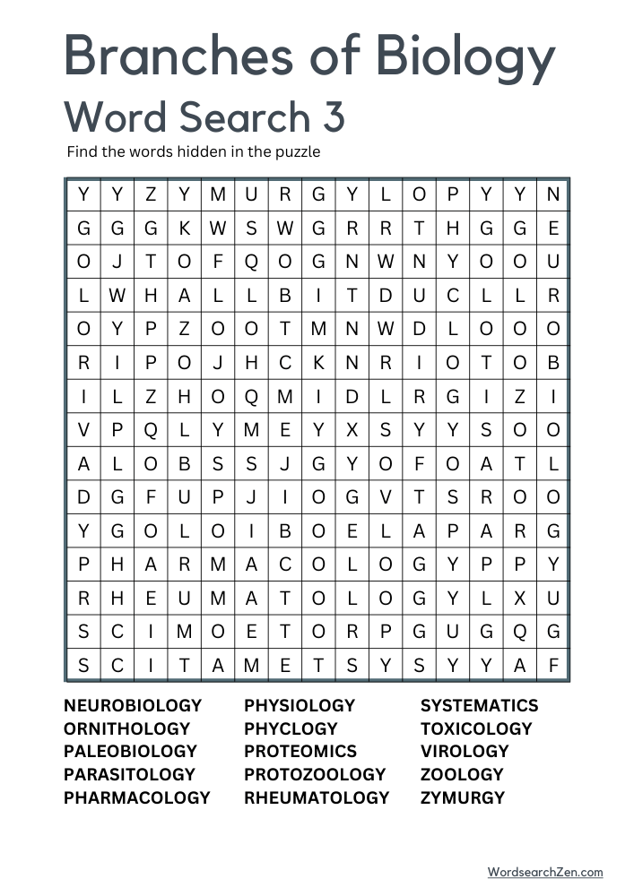Branches of Biology Word Search Free Printable PDF File - WordsearchZen.com