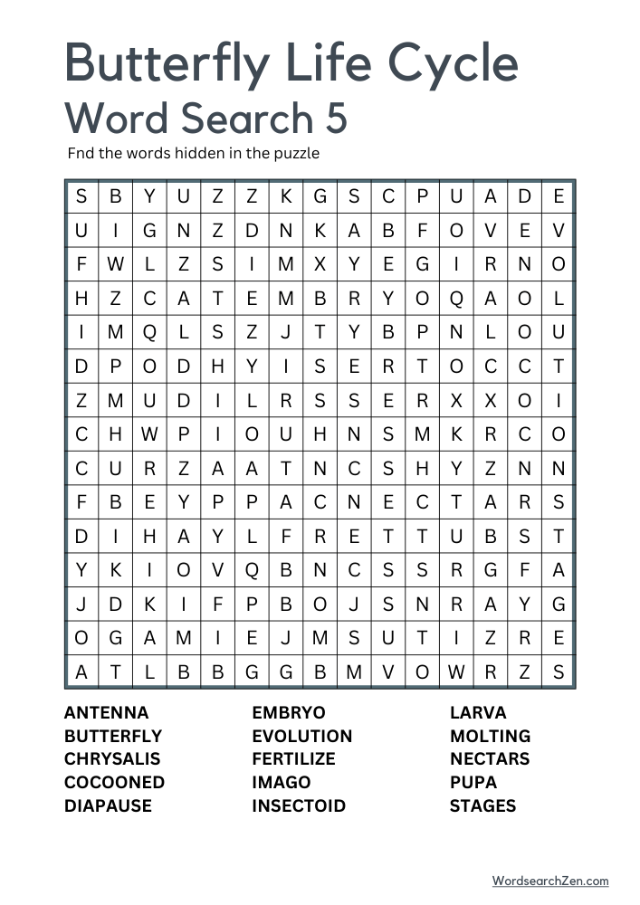 Butterfly Life Cycle Word Search Free Printable PDF File ...