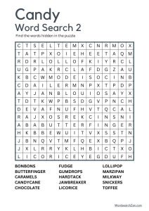 Candy Word Search Free Printable PDF File - WordsearchZen.com