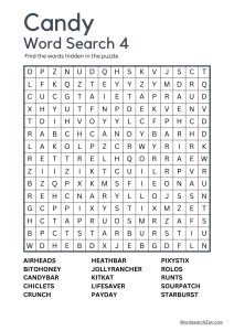Candy Word Search Free Printable PDF File - WordsearchZen.com
