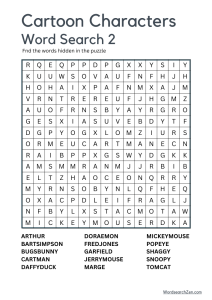 Cartoon Characters Word Search Free Printable PDF File - WordsearchZen.com
