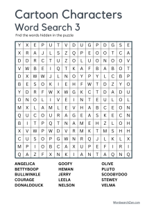 Cartoon Characters Word Search Free Printable PDF File - WordsearchZen.com