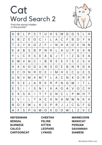 Cat Word Search Free Printable PDF File - WordsearchZen.com