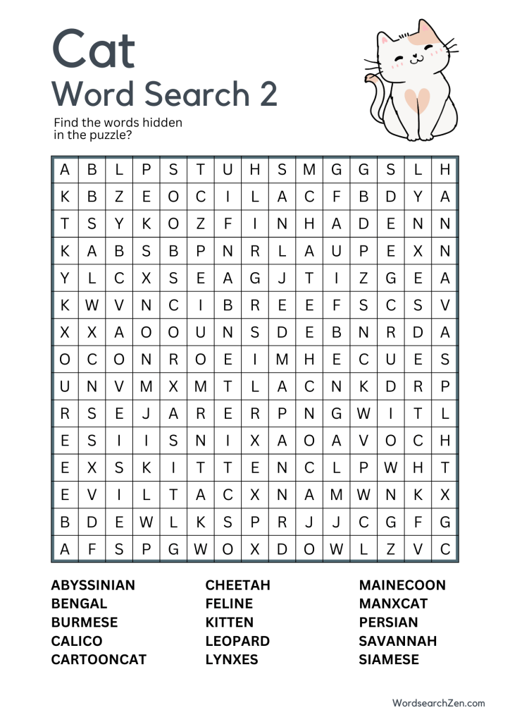 Cat Word Search Free Printable PDF File - WordsearchZen.com