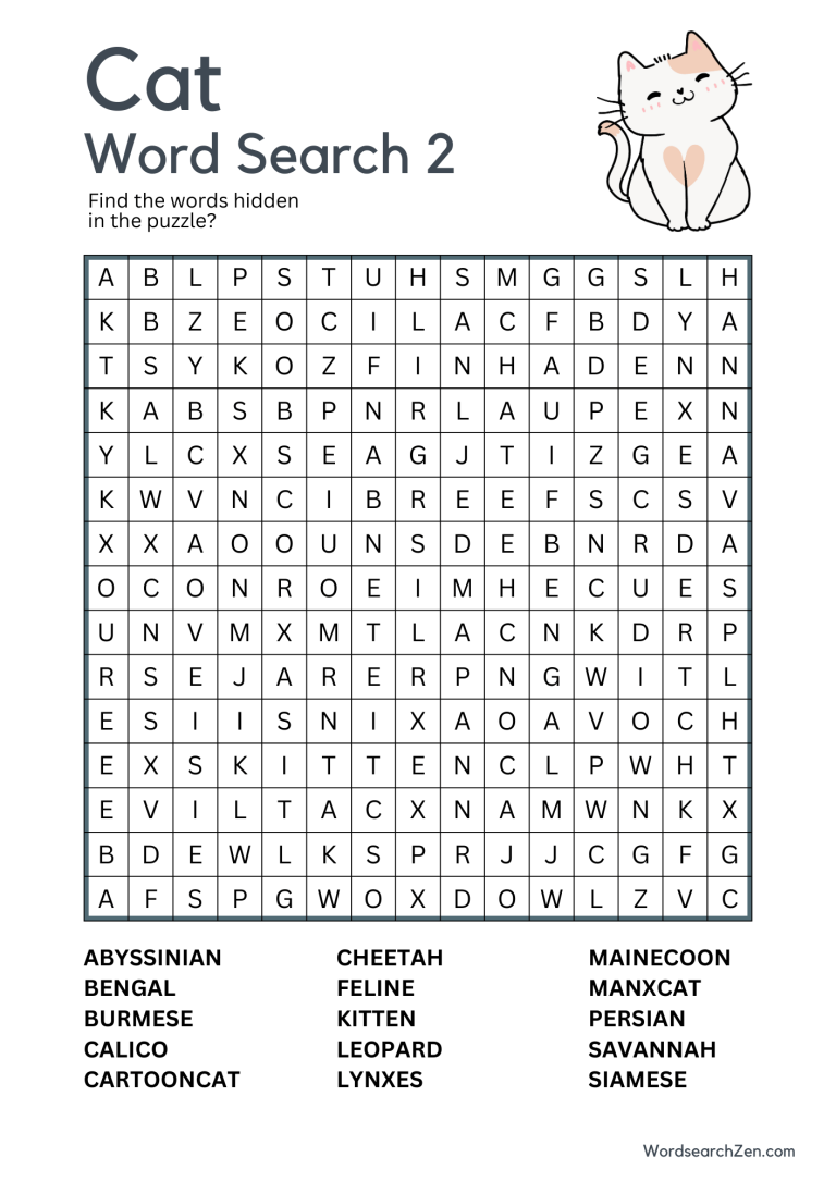 Cat Word Search Free Printable PDF File - WordsearchZen.com