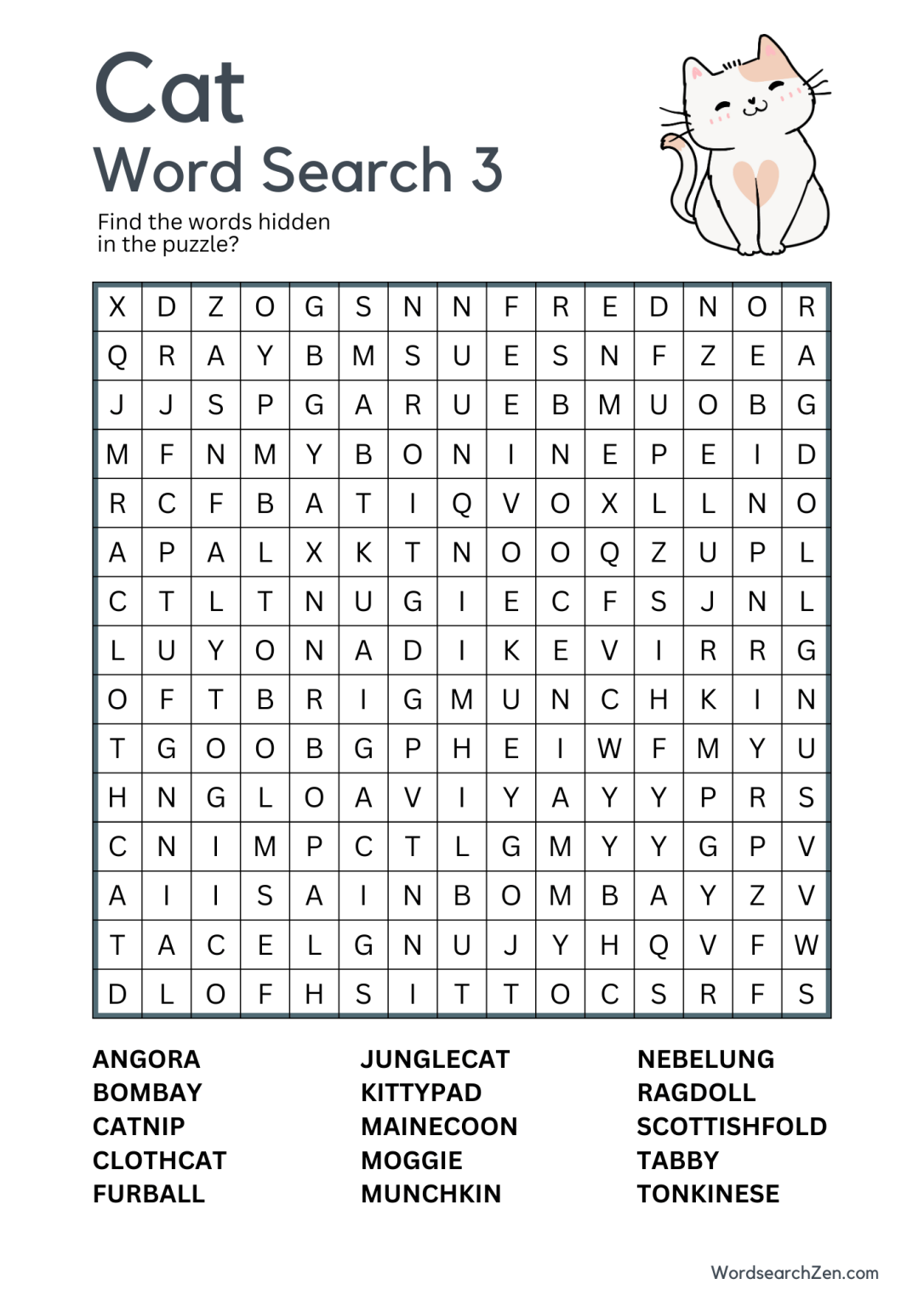 Cat Word Search Free Printable PDF File - WordsearchZen.com