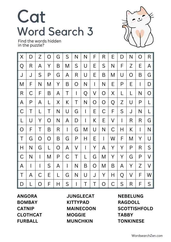 Cat Word Search Free Printable PDF File - WordsearchZen.com