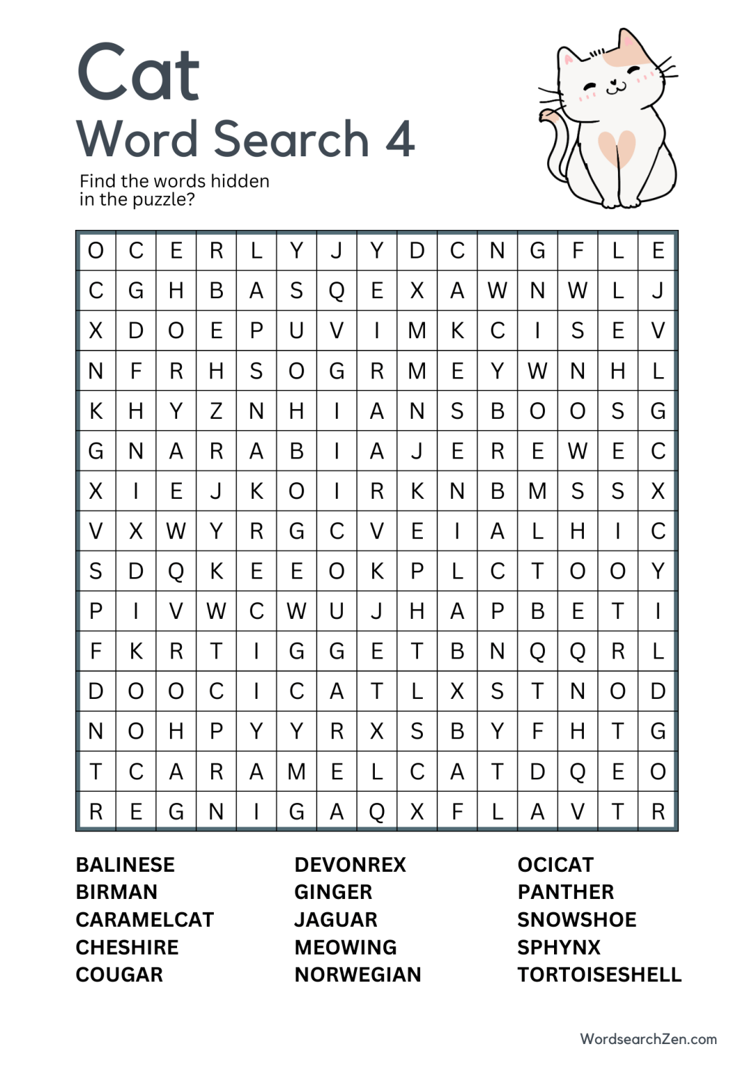 Cat Word Search Free Printable PDF File - WordsearchZen.com
