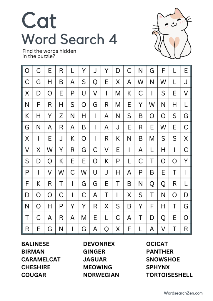 Cat Word Search Free Printable PDF File - WordsearchZen.com