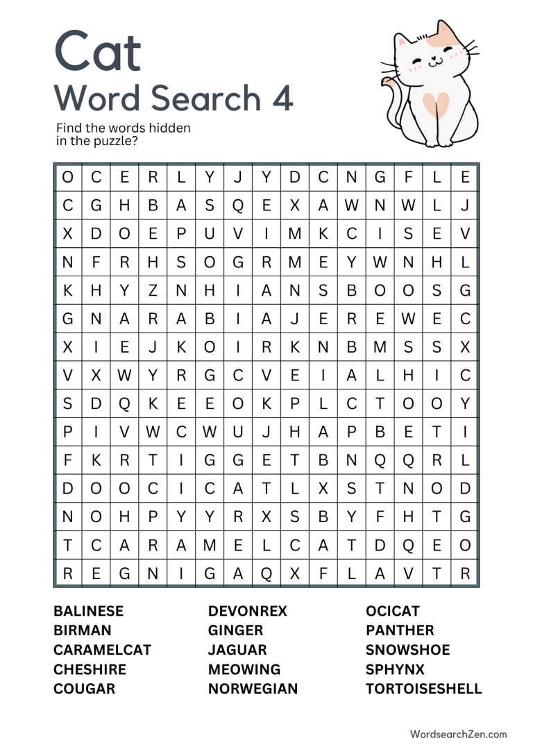 Cat Word Search Free Printable PDF File - WordsearchZen.com