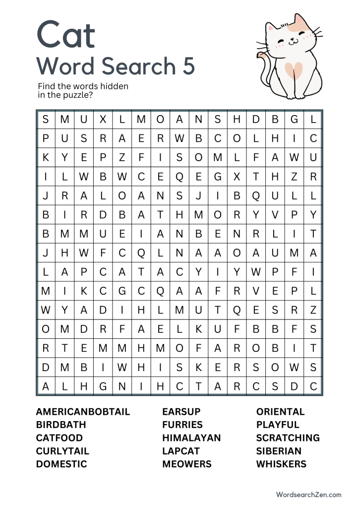 Cat Word Search Free Printable PDF File - WordsearchZen.com