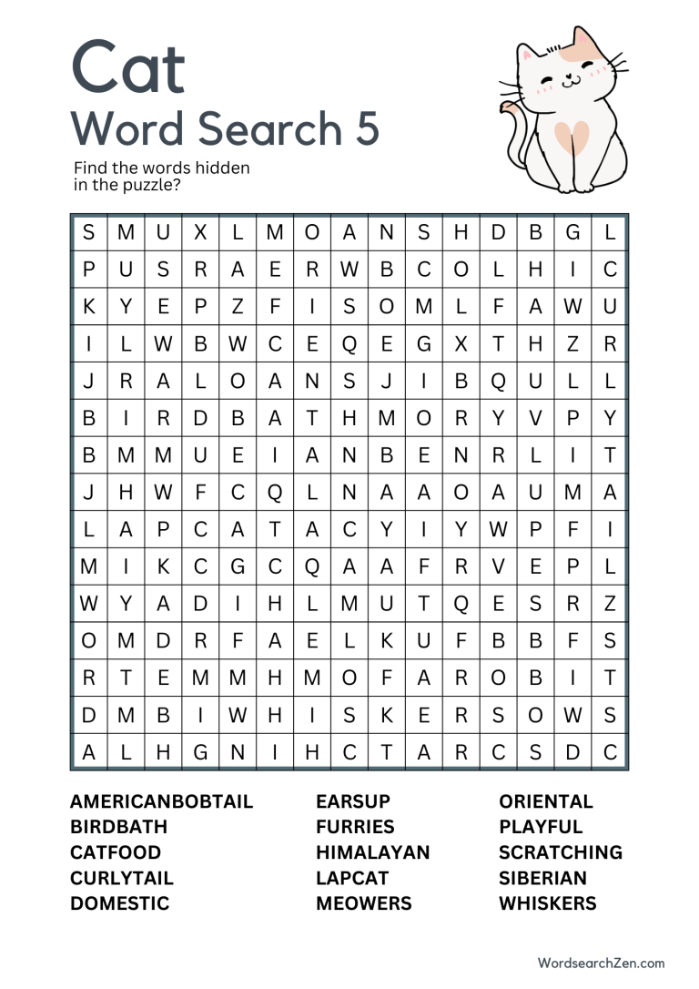 Cat Word Search Free Printable PDF File - WordsearchZen.com