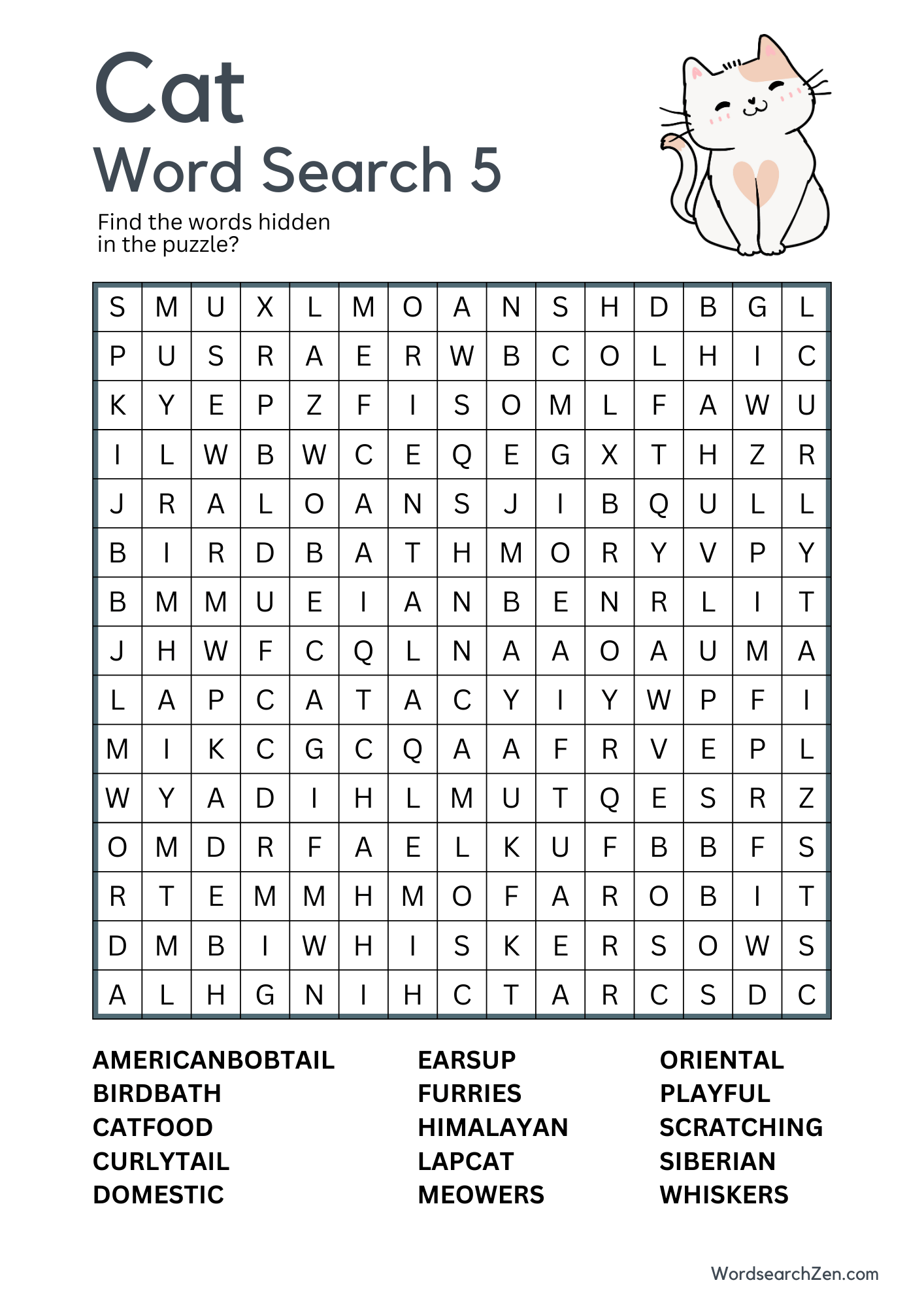 Cat Word Search Free Printable PDF File - WordsearchZen.com