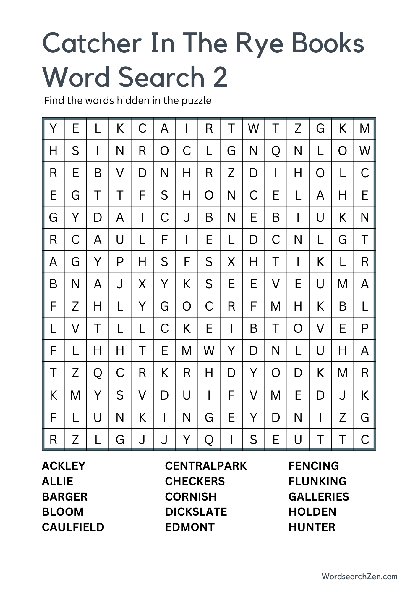Catcher in the Rye Books Word Search Free Printable PDF File ...