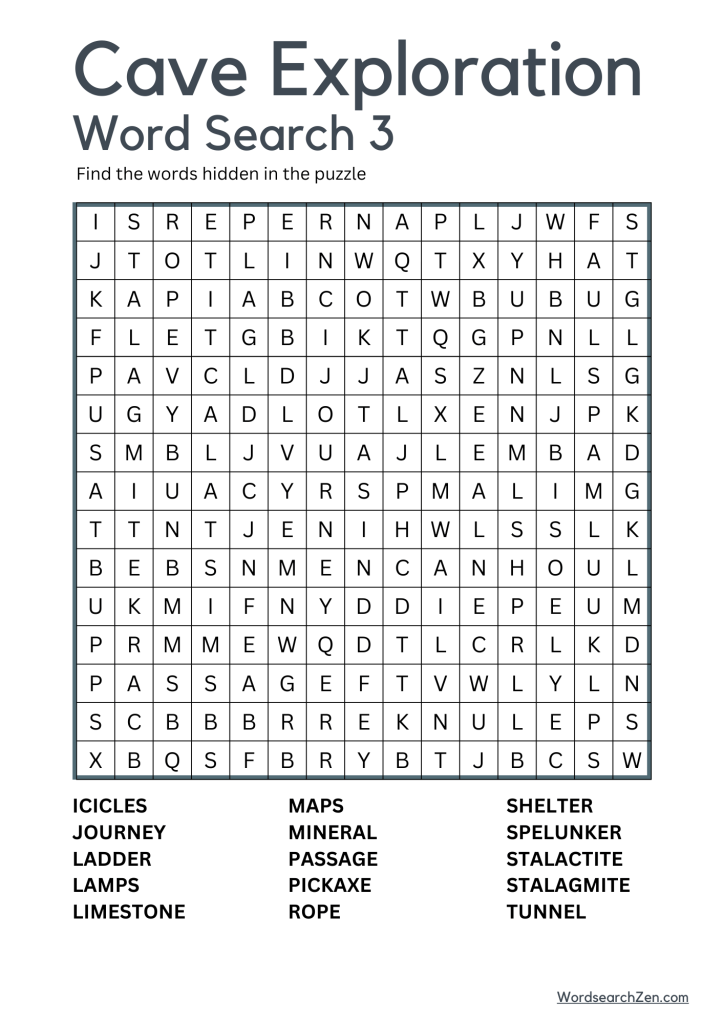 Cave Exploration Word Search Free Printable PDF File - WordsearchZen.com