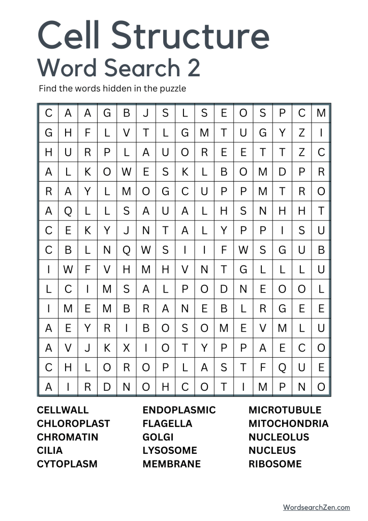 Cell Structure Word Search Free Printable PDF File - WordsearchZen.com
