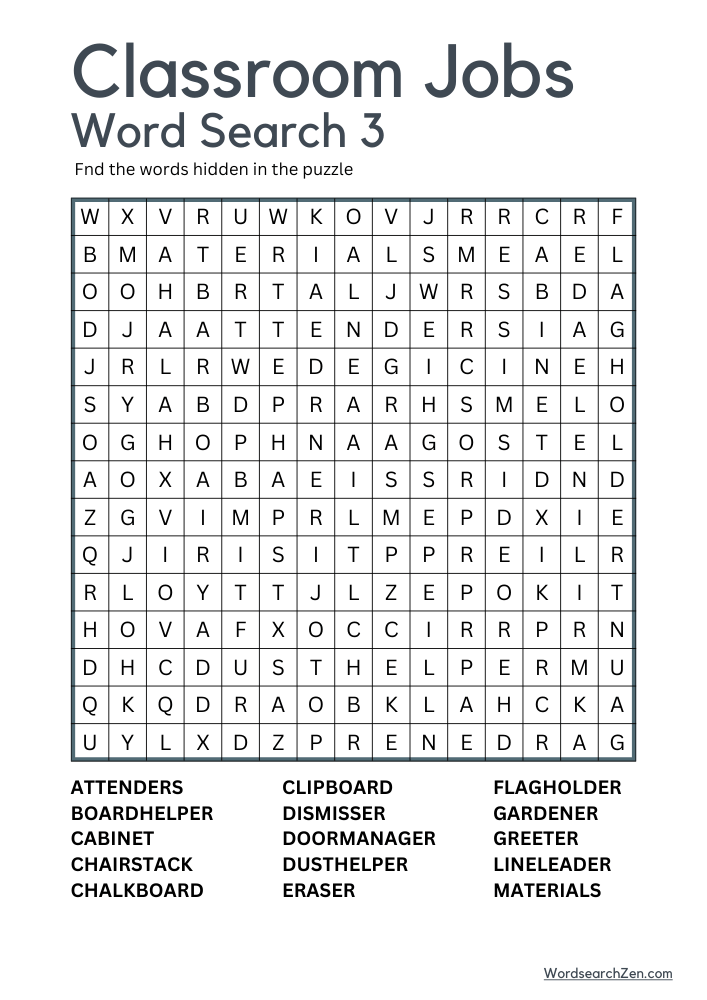 Classroom Jobs Word Search Free Printable PDF File - WordsearchZen.com